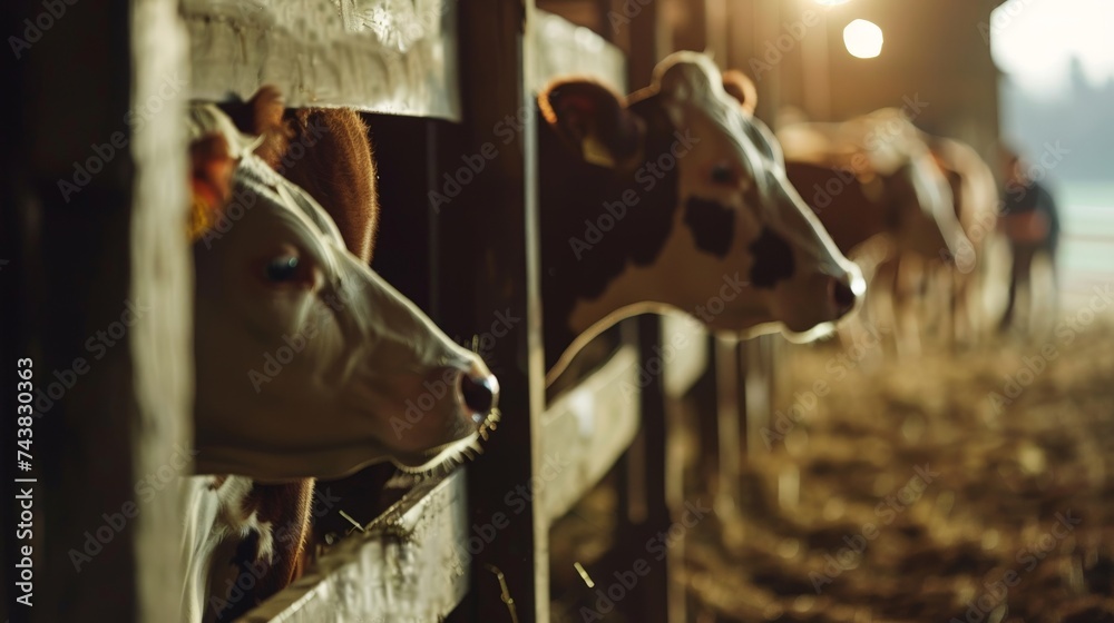 Healthy dairy cows feeding on fodder standing in row of stables in ...