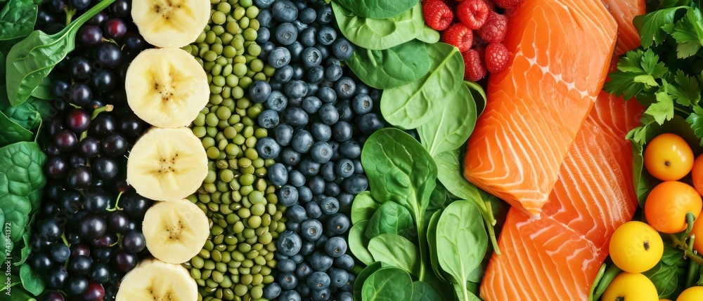 Beautiful bountiful image of leafy greens, lentils, berries, bananas ...