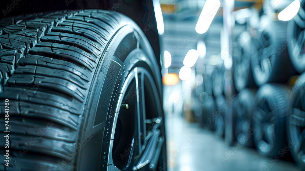 Rows of new car tires on display at an automotive store, showcasing ...