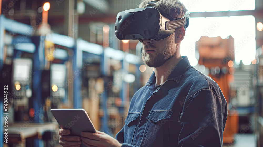 Industrial worker in a hard hat using VR goggles and a tablet inside a ...
