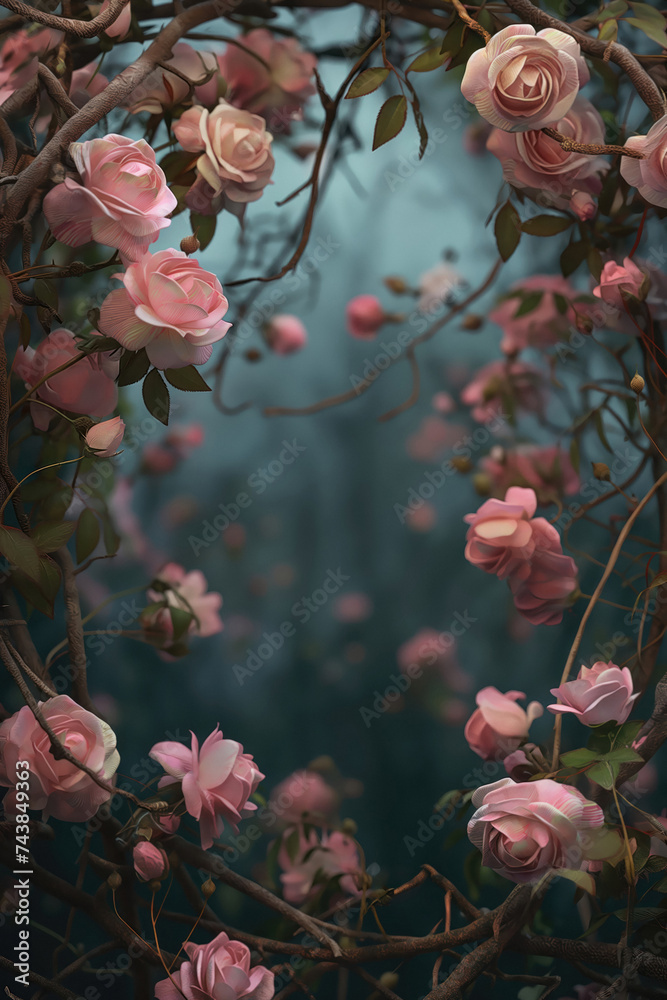 Bokeh dark fantasy forest background. Intricate creative floral frame ...