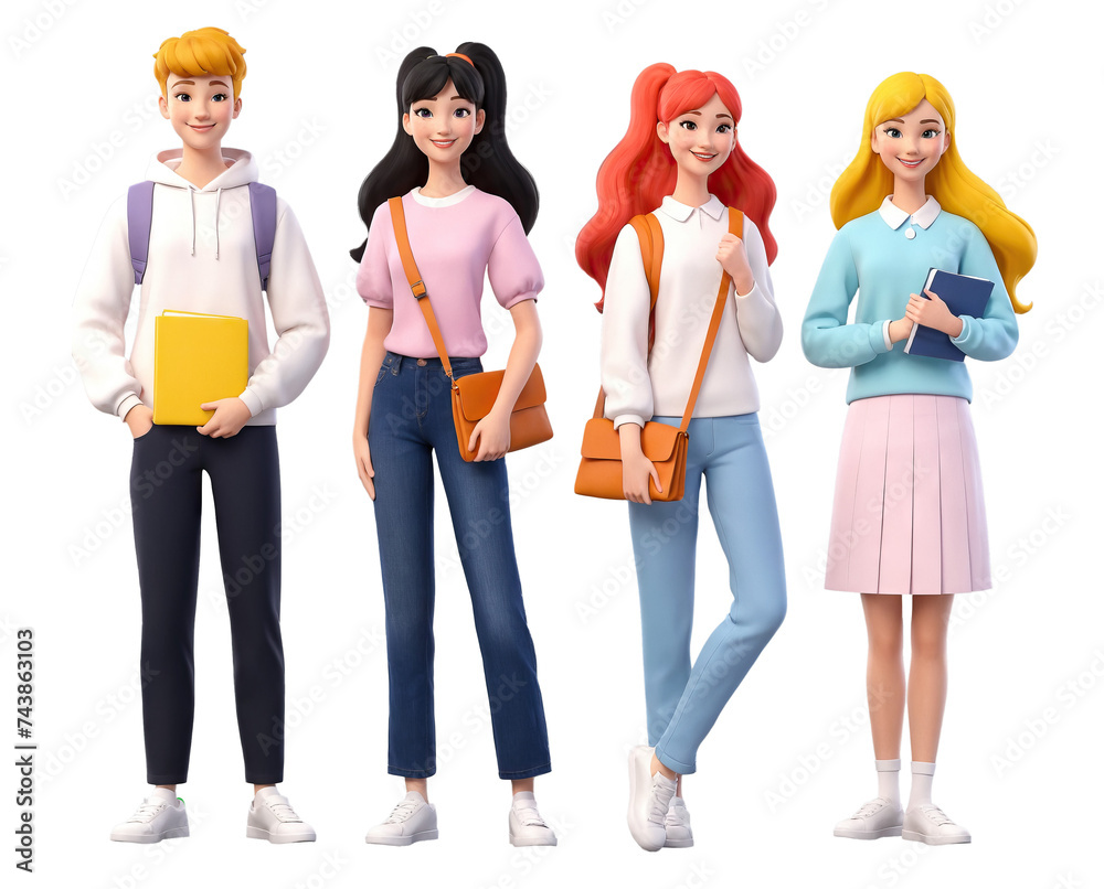 3d style cartoon students characters standing and smiling on camera ...