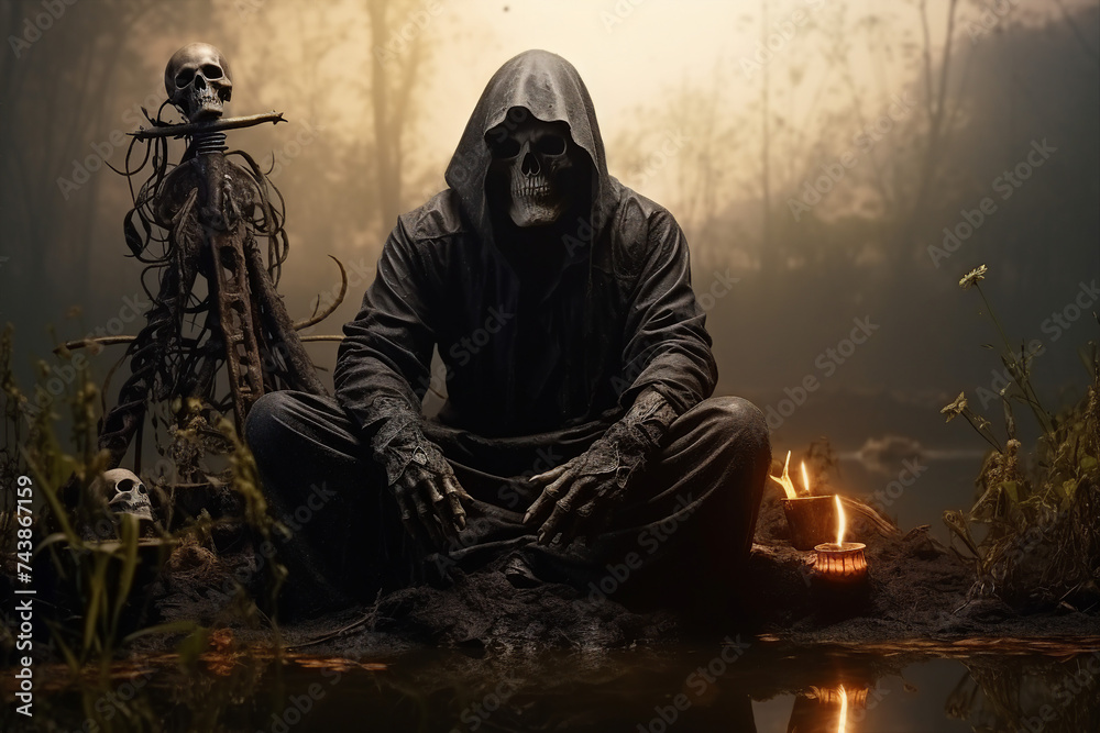 Scary dead personage zombie sitting on cemetery halloween night ...