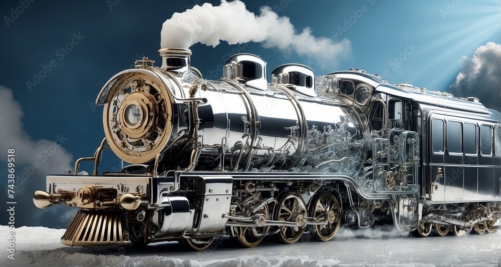 Create a visually striking composition featuring a steam-engine train ...