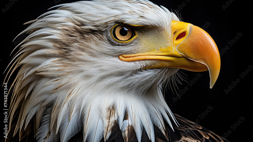 full head of predatory wild Bald Eagle with sharp eyes on black ...