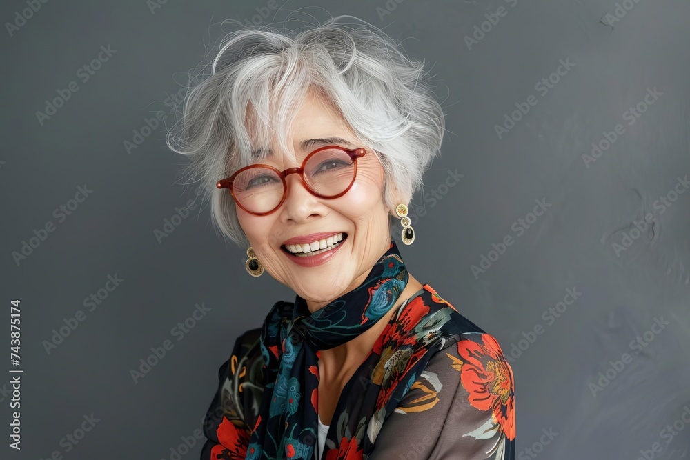 Elegant senior woman with silver hair Her face radiating joy and ...