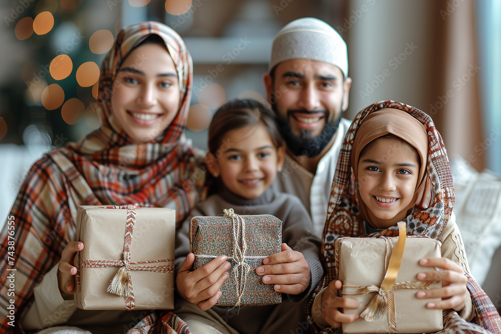 family members exchanging gifts and well-wishes on Eid-al-Adha Stock ...