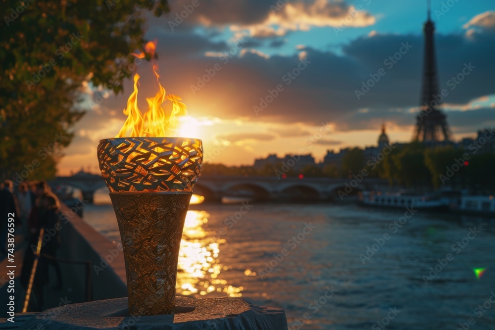 Olympic torch with intricate design details, captured with the Seine ...
