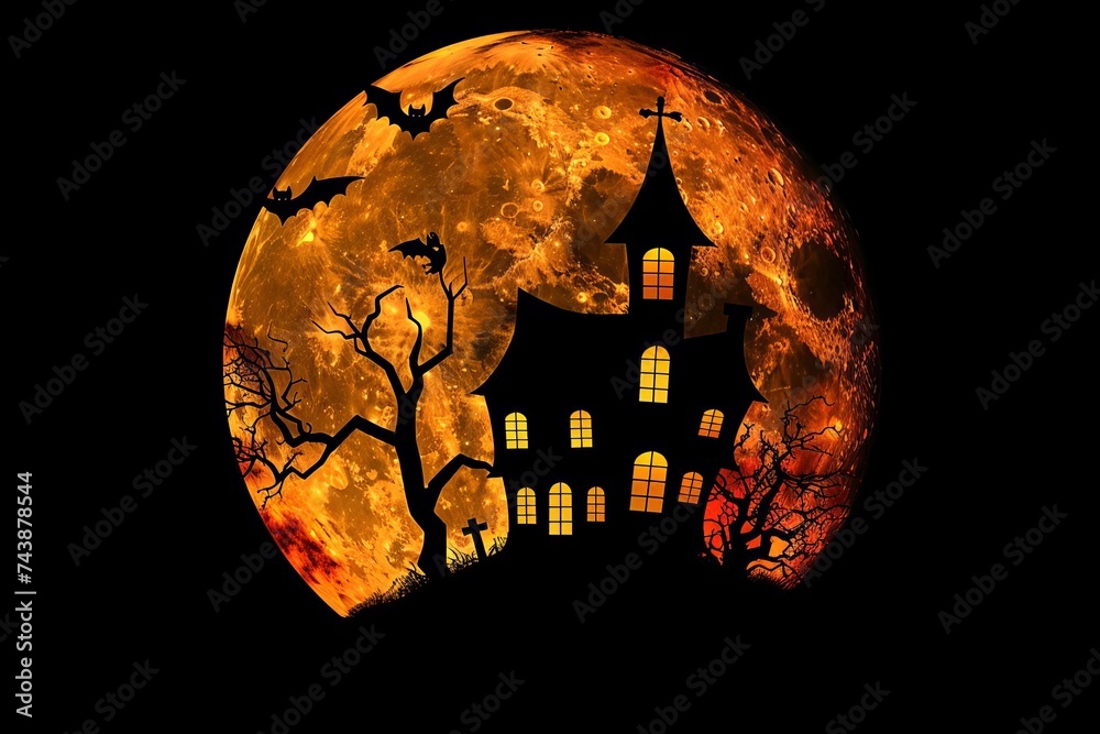 Spooky halloween scene with iconic symbols including a full moon ...