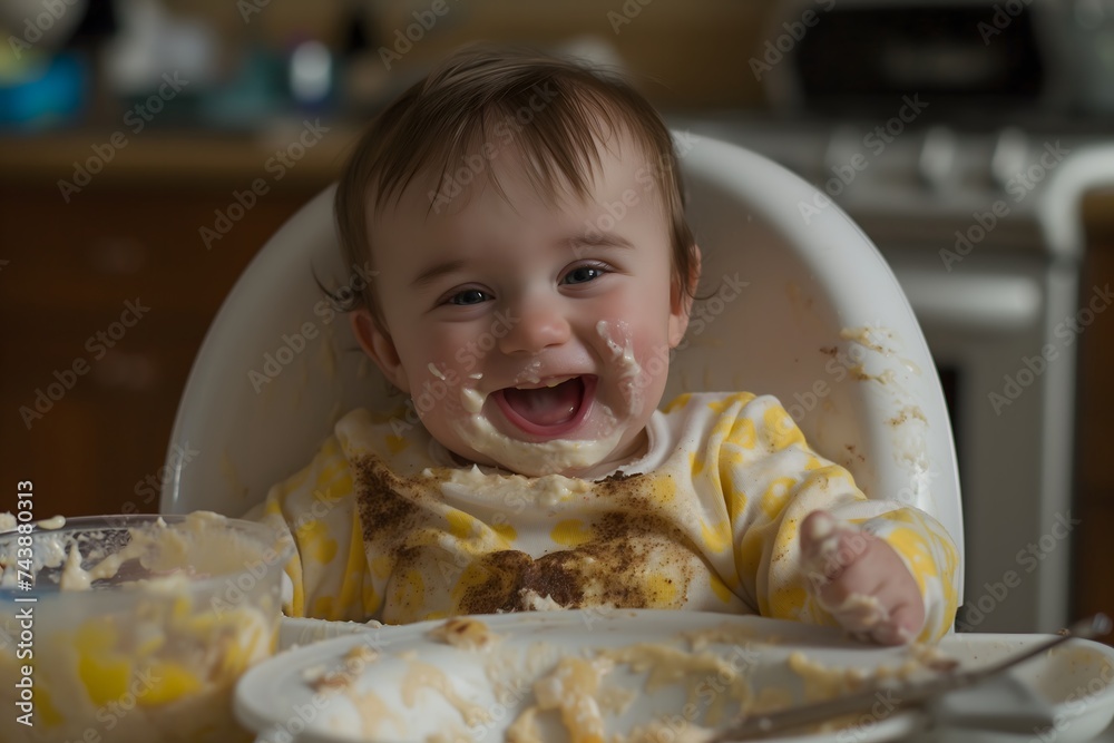 Cheerful baby boy being fed with porridge while sitting in high chair ...