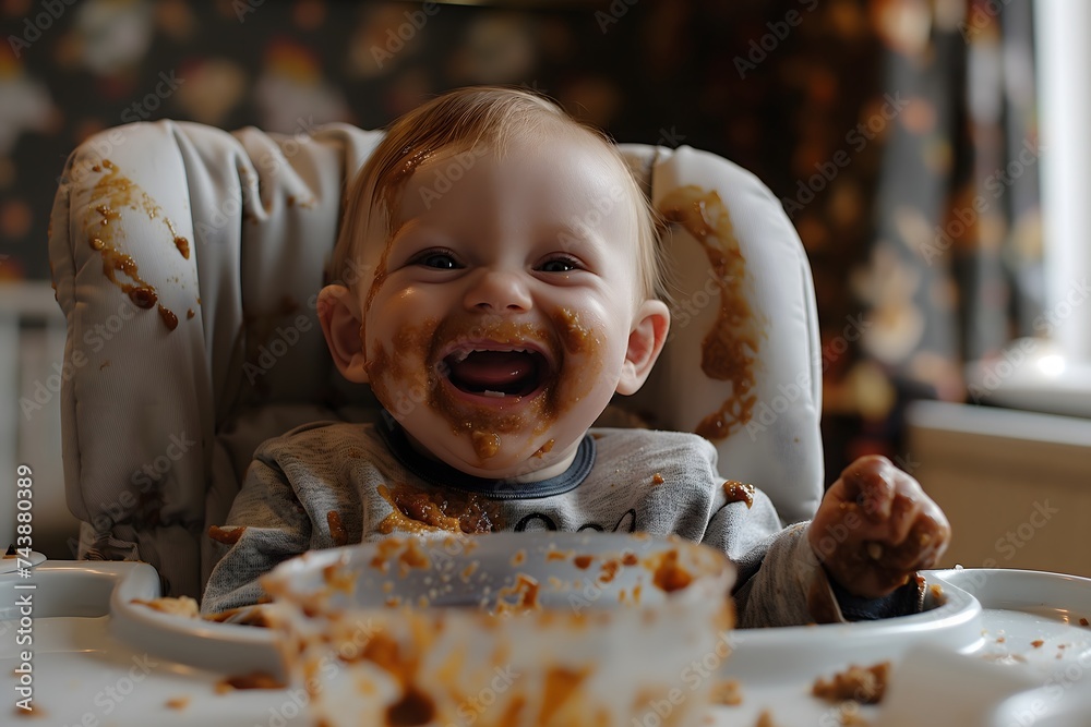 Cheerful baby boy being fed with porridge while sitting in high chair ...