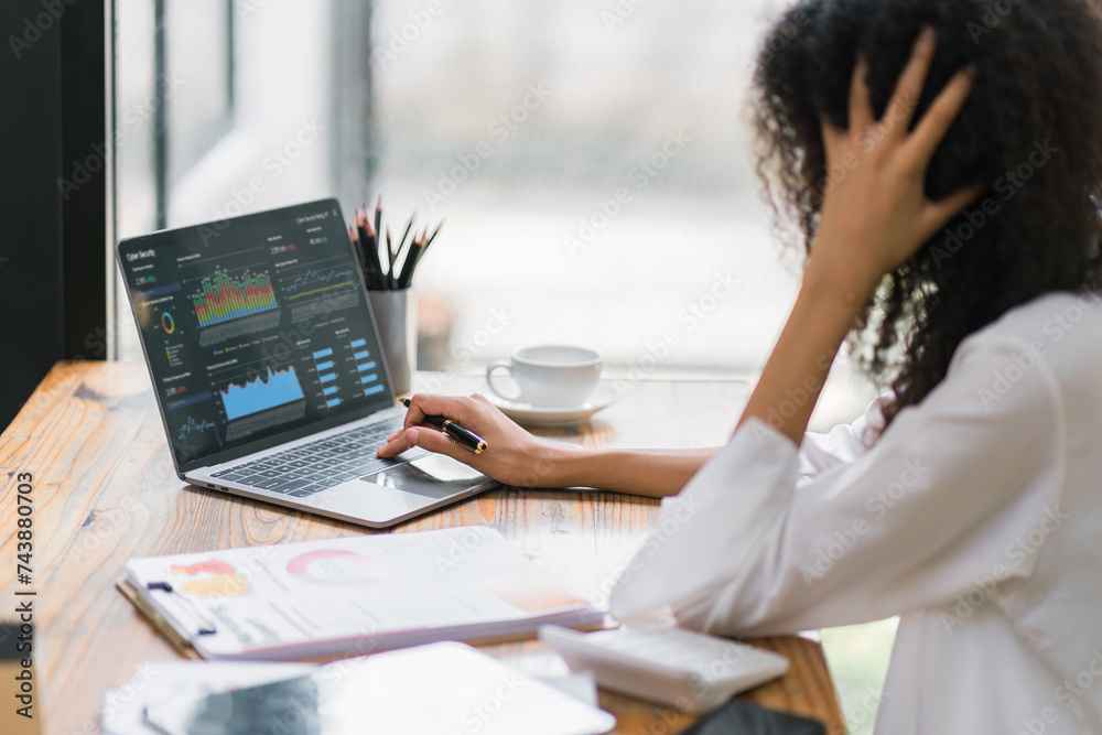 Female analyst analyzes KPI Business Analytics Data Dashboard ... Female analyst analyzes KPI Business Analytics Data Dashboard ...