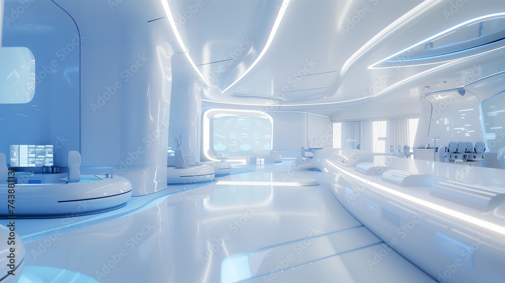 Futuristic computer lab with seamless curved monitors, interactive ...