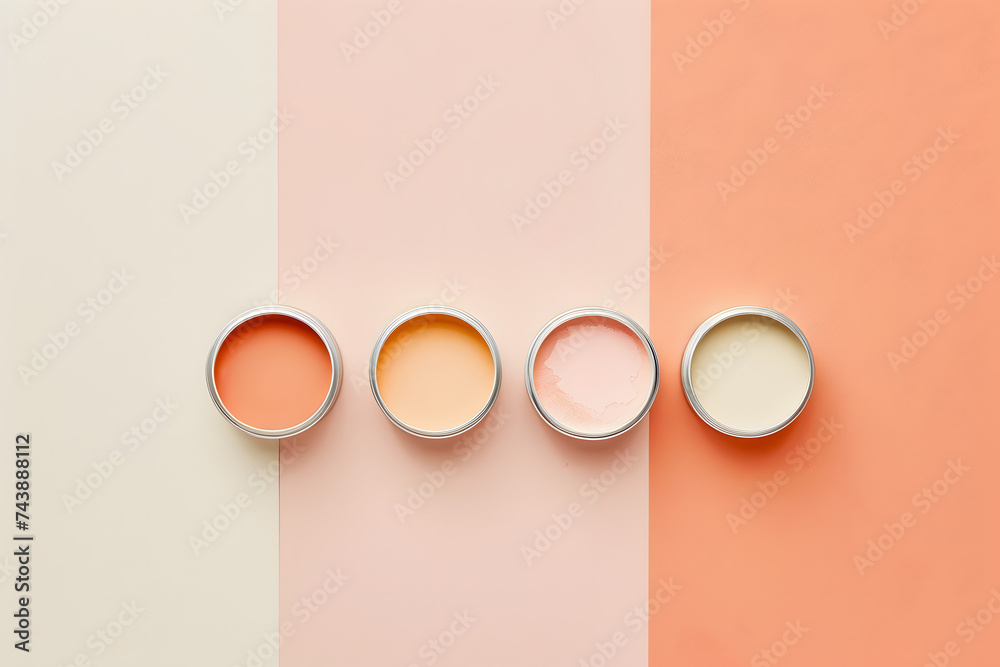 Tiny sample paint cans during house renovation, process of choosing ...