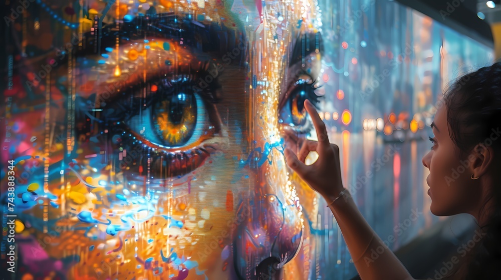 A street artist using a digital graffiti wall, equipped with touch ...
