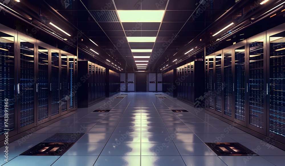Imposing View of a Massive Data Center Server Room with Rows of High ...