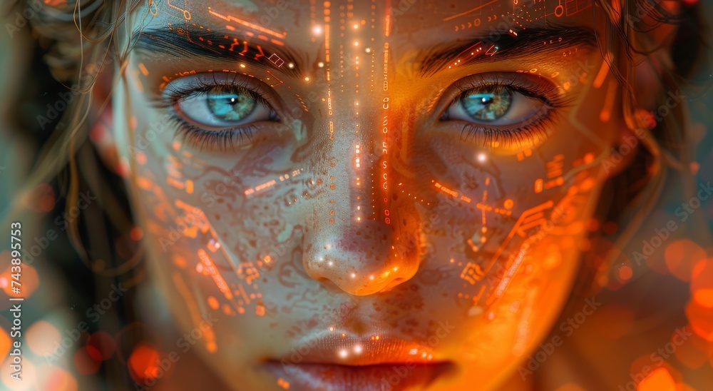 A mesmerizing portrait of a woman with ethereal glowing eyes, radiating ...
