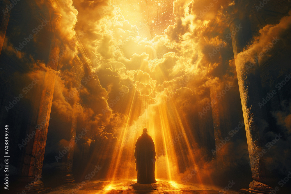 Creation of an ethereal scene where a priest is bathed in a heavenly ...