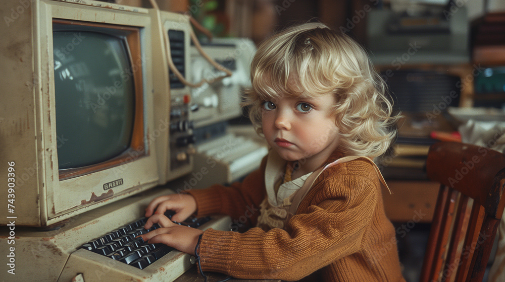 Child Using Vintage Computer in the 1970s Stock Photo | Adobe Stock