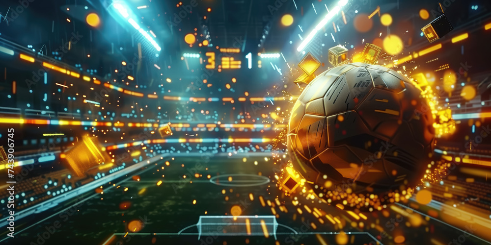 A futuristic digital soccer ball ignites with energy in a virtual ...