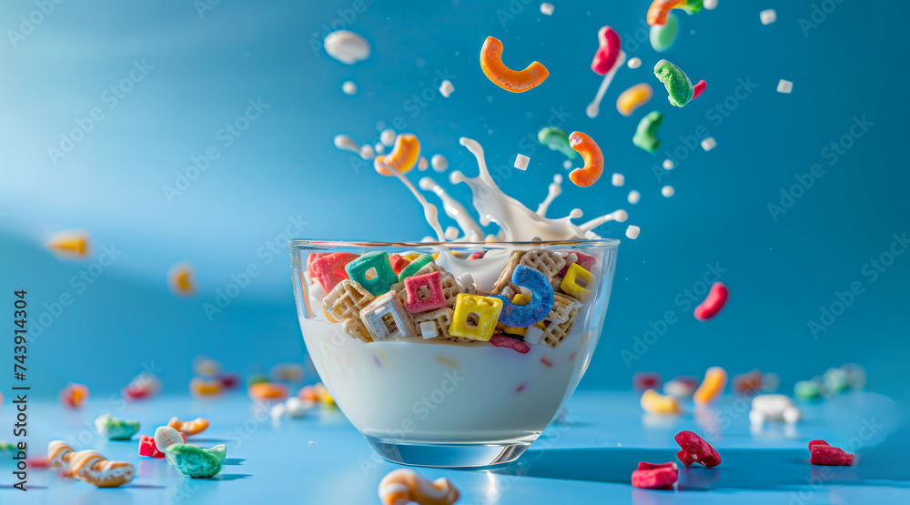 colored figures flying in to the glass milk bowl as a cereals. Falling ...