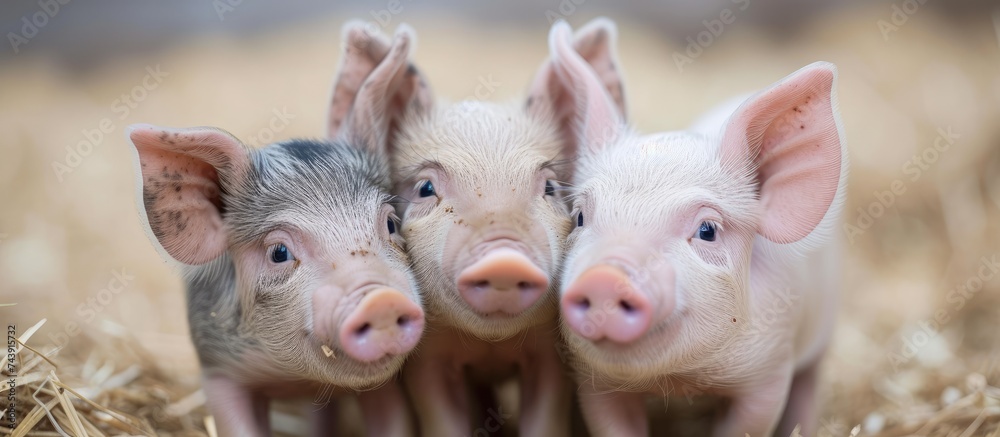 Three adorable baby pigs stand next to each other on a pile of hay ...