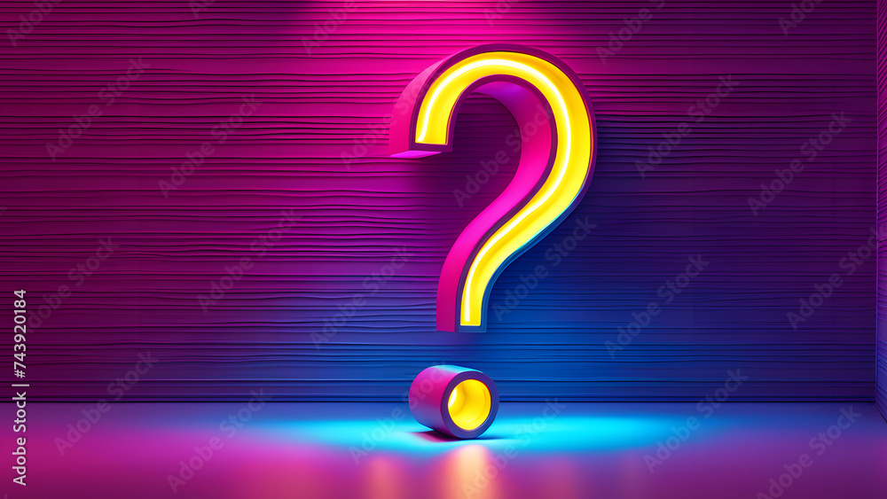 Ilustrace „Radiant 3D Question Mark Symbol on Neon Background Depicts ...