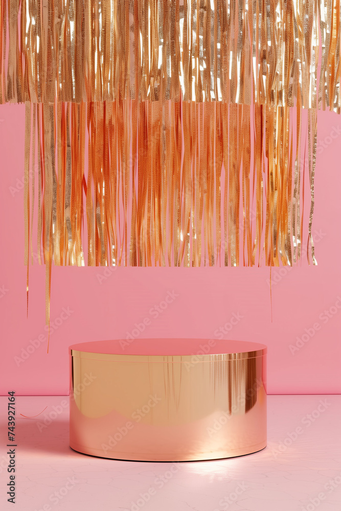 gold round prize plinth podium stage with metallic foil fringe curtain ...
