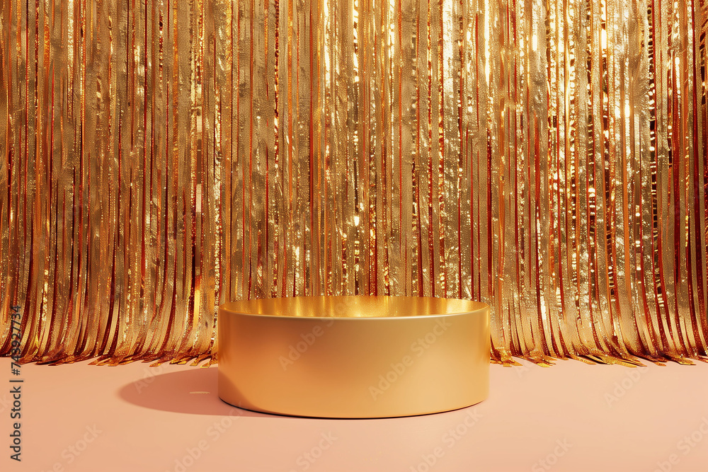 gold round prize plinth podium stage with metallic foil fringe curtain ...