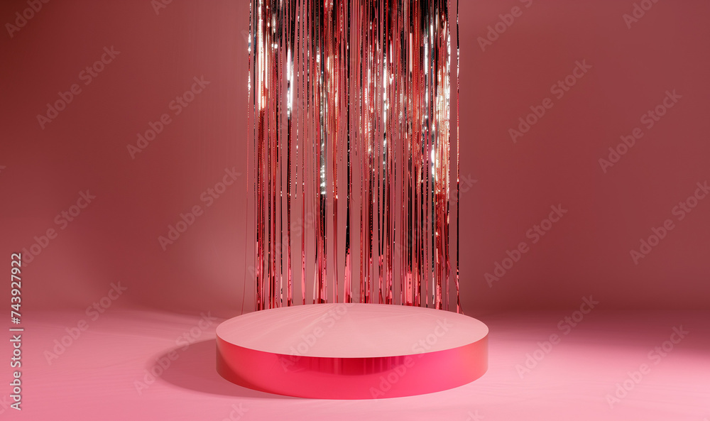 pink round prize plinth podium stage with metallic foil fringe curtain ...