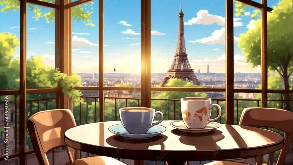 Coffee on a fancy restaurant table with a view of the Eiffel Tower ...