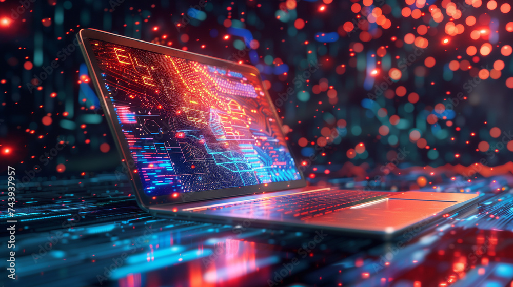 a laptop with a vibrant electronic circuit pattern on its screen ...