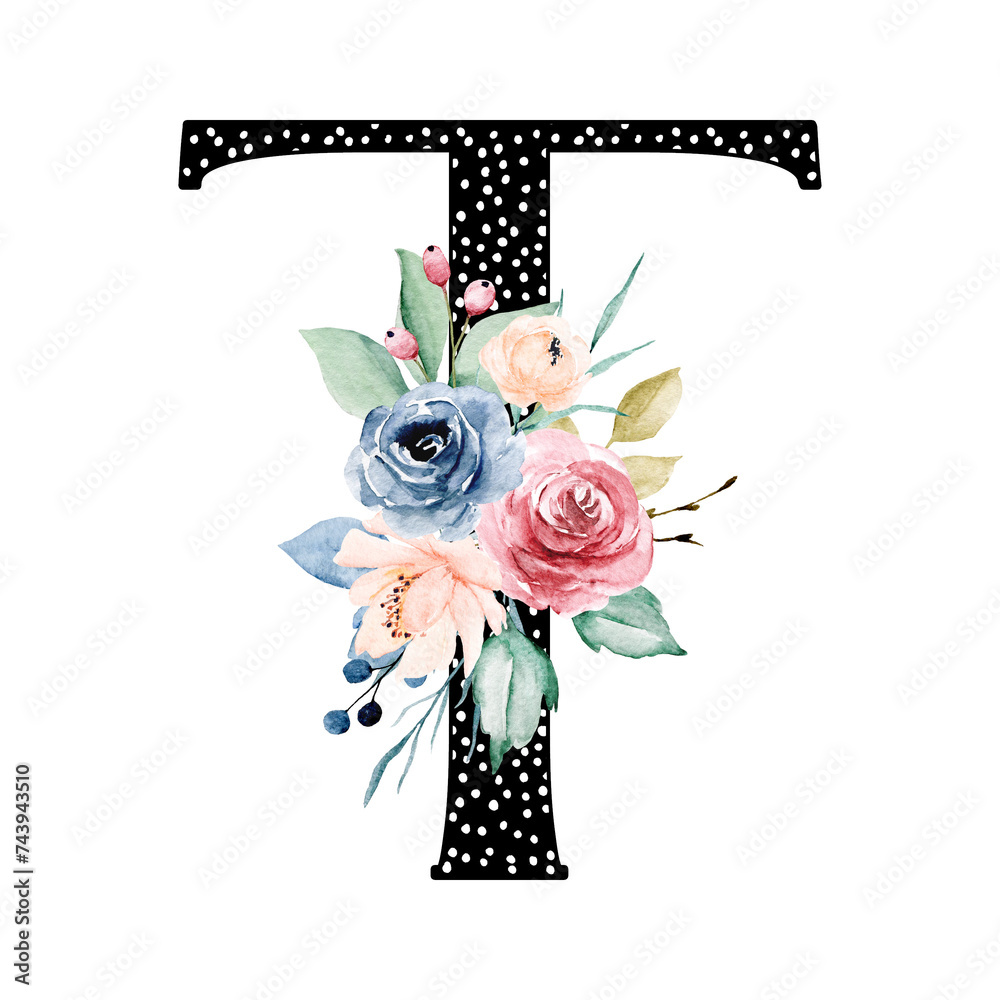 Letter T with watercolor flowers and leaf. Floral monogram initial ...