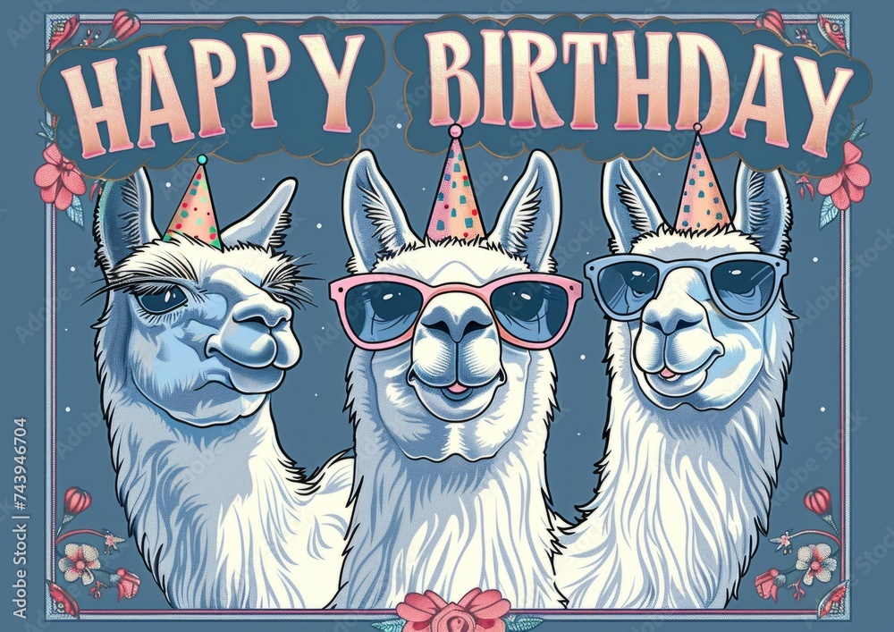 HAPPY BIRTHDAY colorful llamas wearing party hats for a birthday card ...