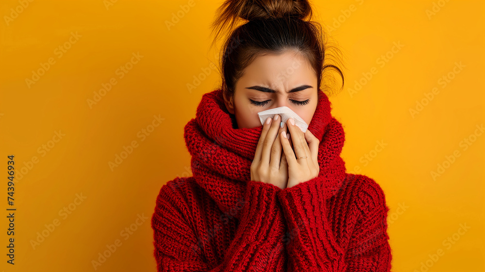 Girl sick, suffers runny nose, snot, feels unwell, sneezes into ...