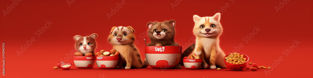 3D cartoon cats eating breakfast in red bowls on a red background Stock ...