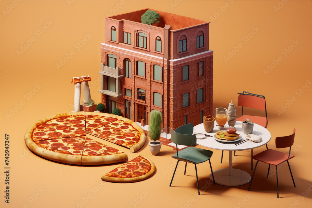 3d illustration of a pizza place with a building, table, chairs, pizza ...
