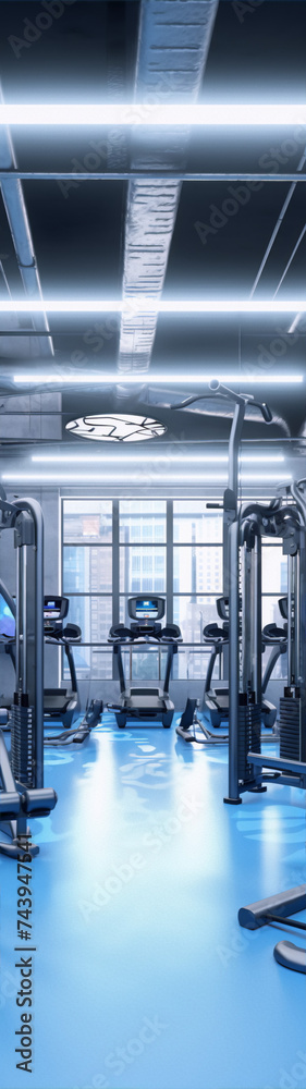 Blue and gray gym interior with exercise machines and large windows ...