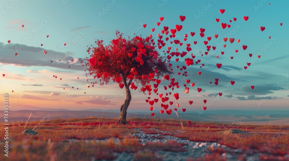 Love concept with heart-shaped leaves on a tree. Romantic landscape ...