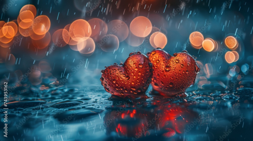 Romantic red hearts in the rain with glowing bokeh lights. Valentine's ...