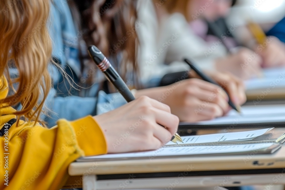 Foto de Primer plano de estudiantes tomando apuntes en un salón de ...