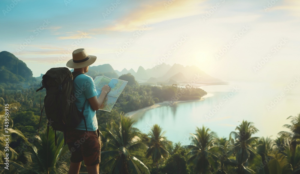 Tourist with beautiful tourist attractions, road trip by bicycle, eco ...