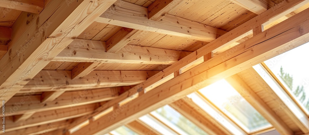 This photo showcases a room with a wooden roof structure featuring ...
