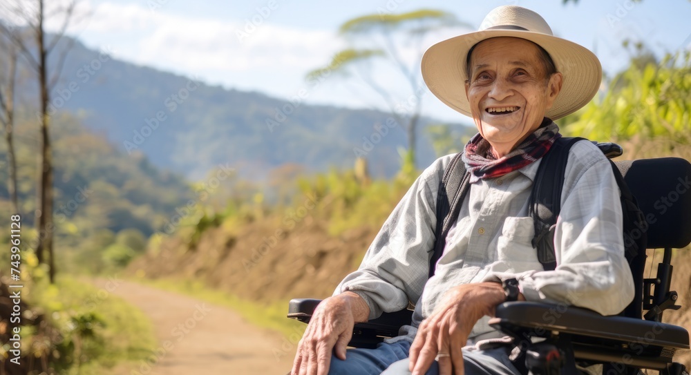 The elderly uncle happily wearing a hat, sitting on a wheelchair ...