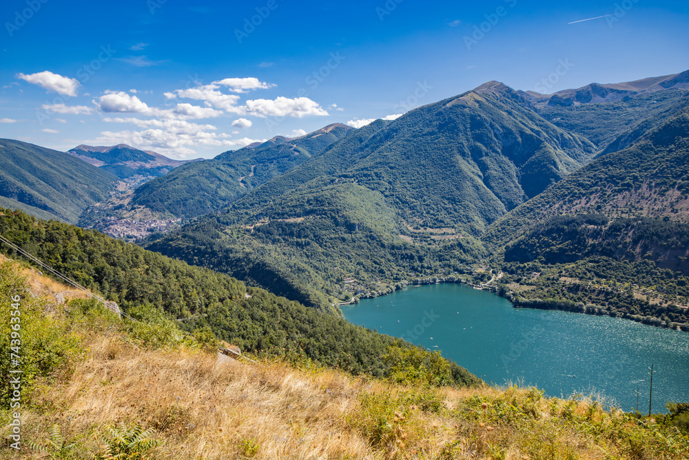 The enchanting Lake Scanno, seen from above, with its characteristic ...