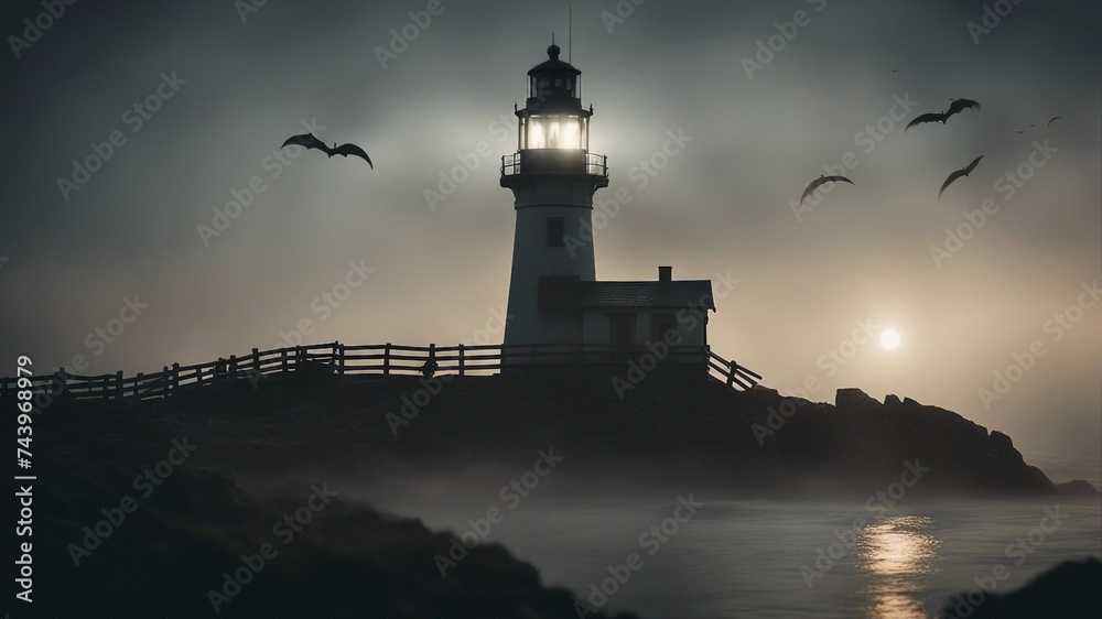 lighthouse in the fog A scary lighthouse in a haunted island, with fog ...