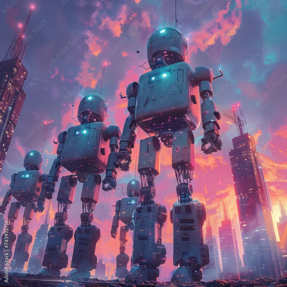 Robots in a hierarchy assembling beneath a neon lit skyline plotting a ...