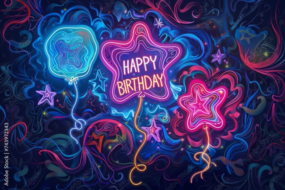 HAPPY BIRTHDAY neon stars and balloons celebrating happy birthday ...