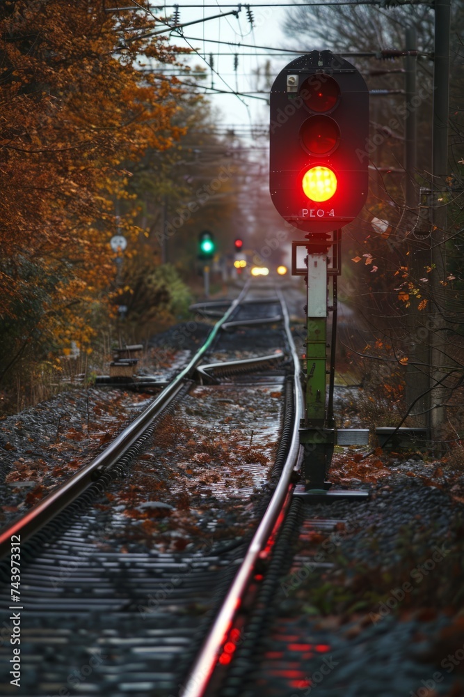 A railway signal changing from red to green for an approaching train ...