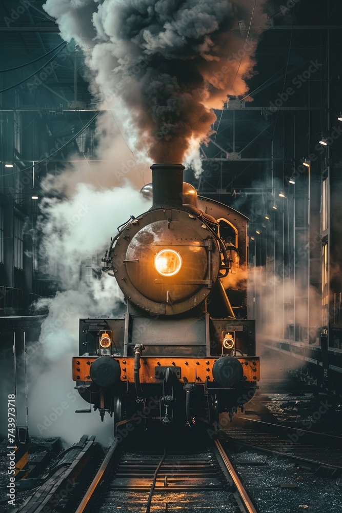A vintage steam engine train is seen traveling through a bustling train ...